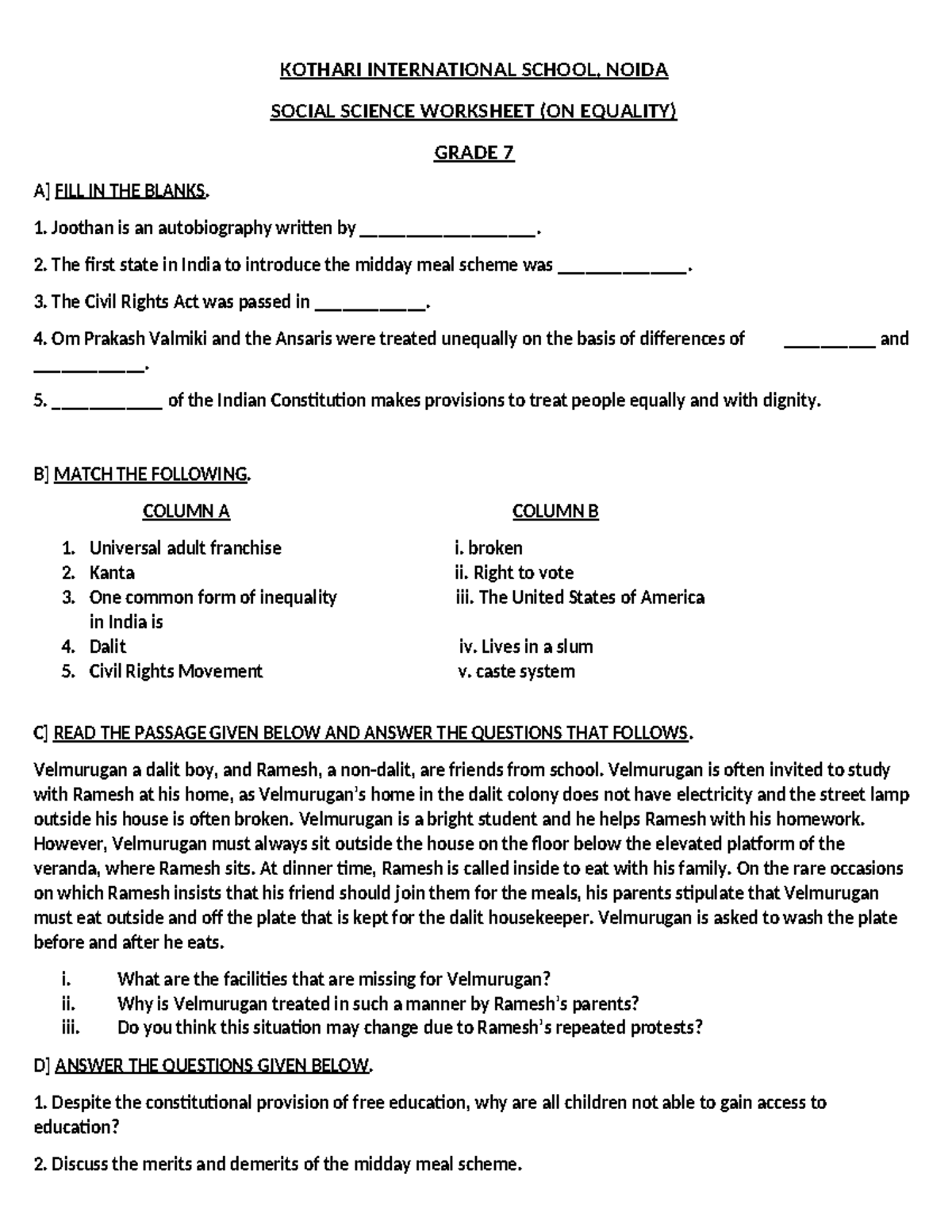 Grade 7 on equality worksheet - KOTHARI INTERNATIONAL SCHOOL, NOIDA ...