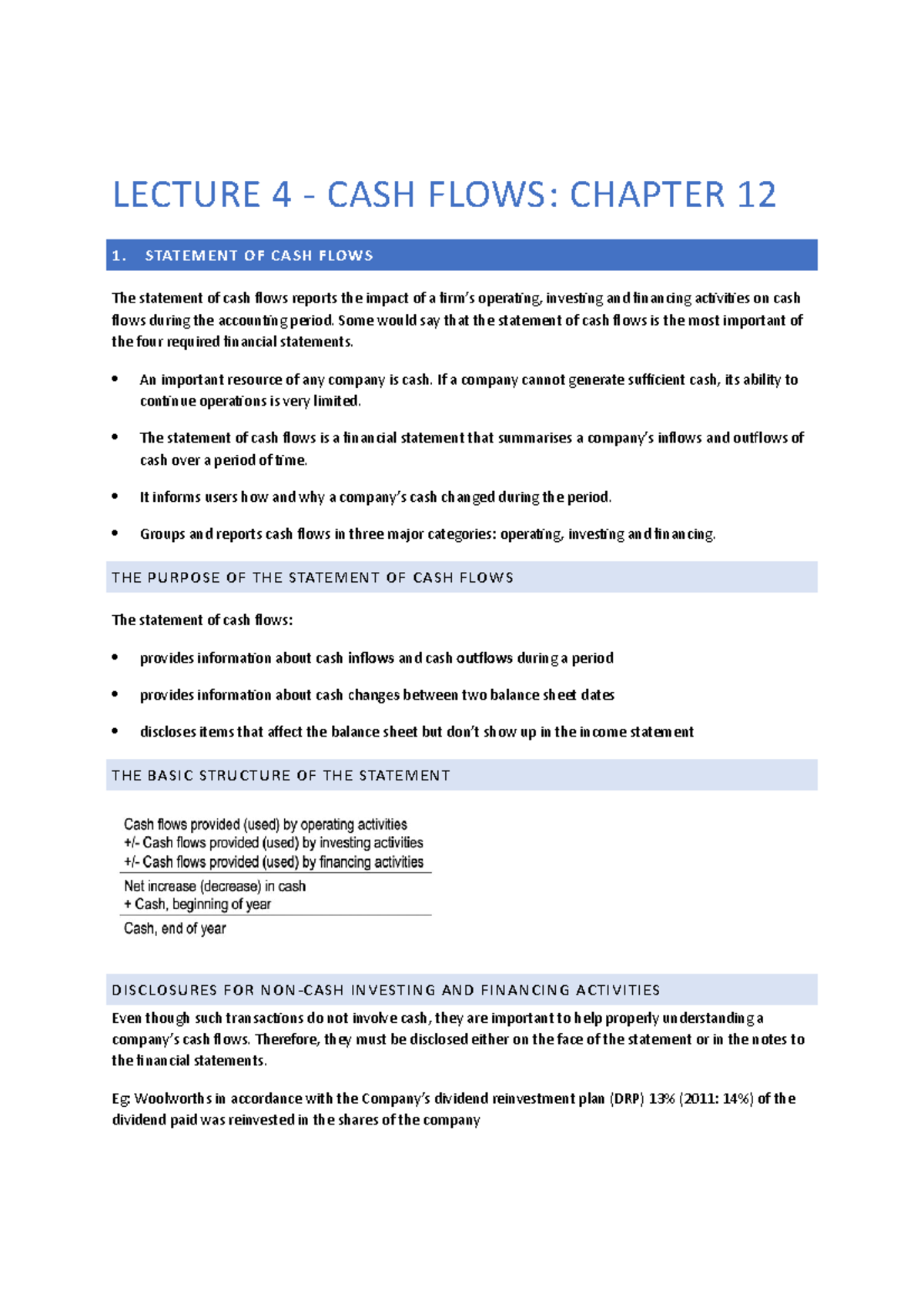 Lecture 4- Cash flows - LECTURE 4 - CASH FLOWS: CHAPTER 12 1. STATEMENT ...