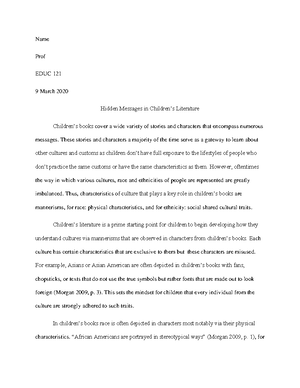 10. EDUC 121 Reflection 2 - Name Prof EDUC 121: Multicultural Children ...