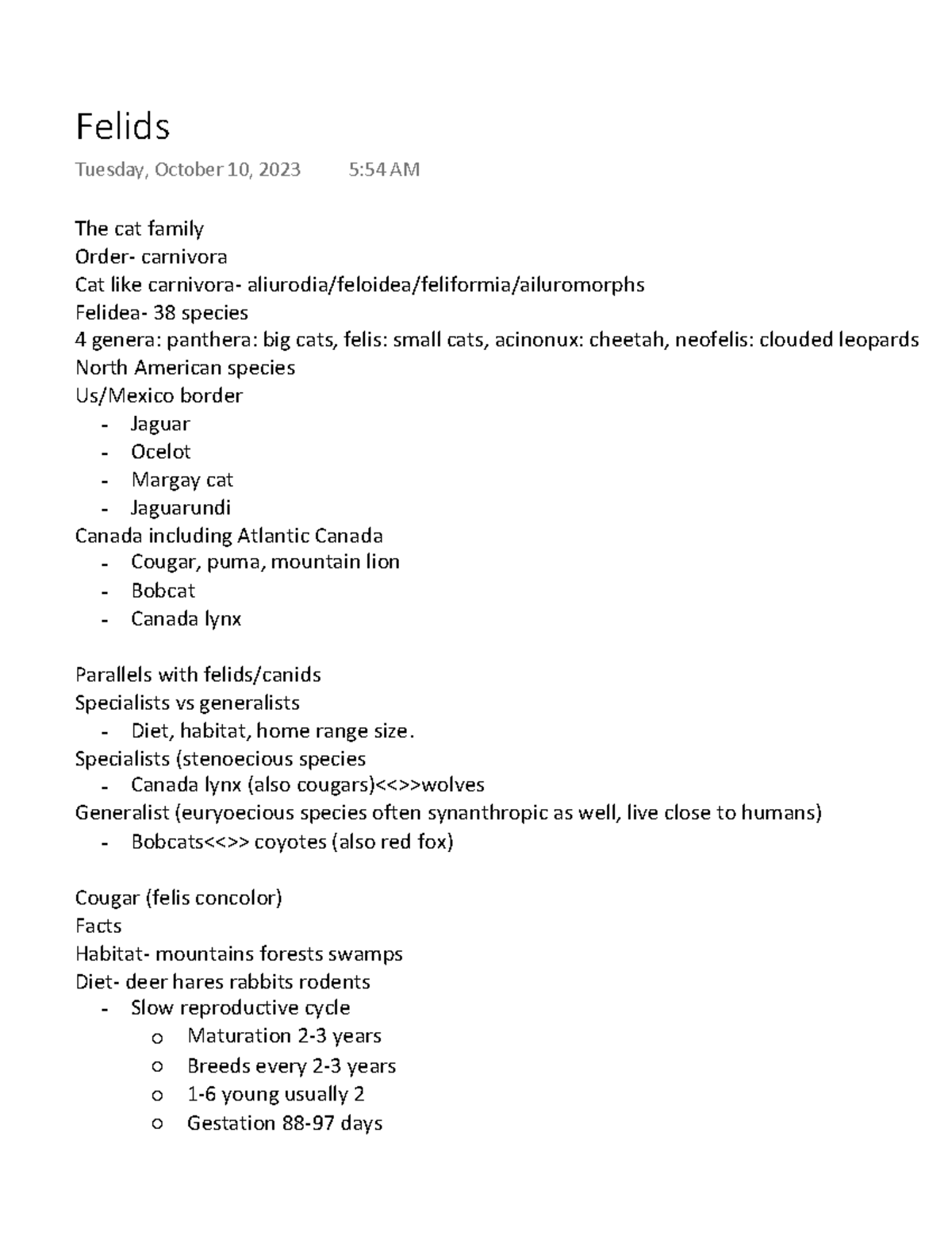 Felids - Lecture notes for animal behaviour - The cat family Order ...