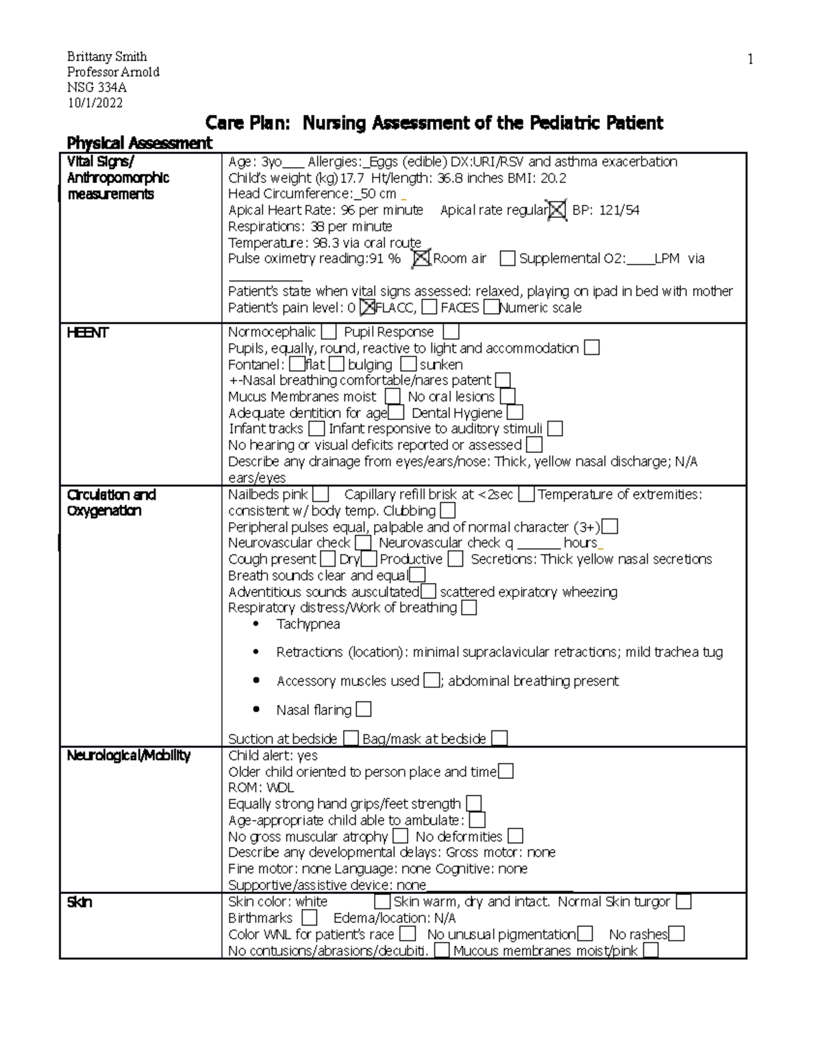 NSG334A Care Plan - care plan for pediatric patient - Brittany Smith ...