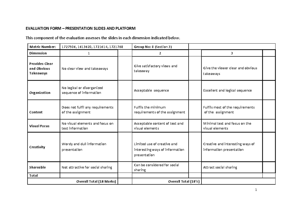 Group 8 Section 3 - Evaluation forms - EVALUATION FORM – PRESENTATION ...