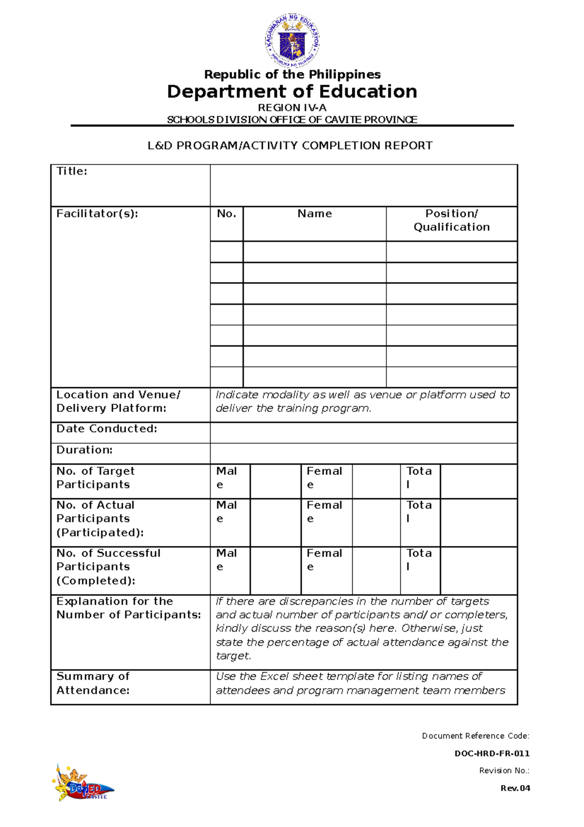DOC-HRD-FR-011-LD-Program Activity-Completion-Report - Republic of the Philippines Department of ...
