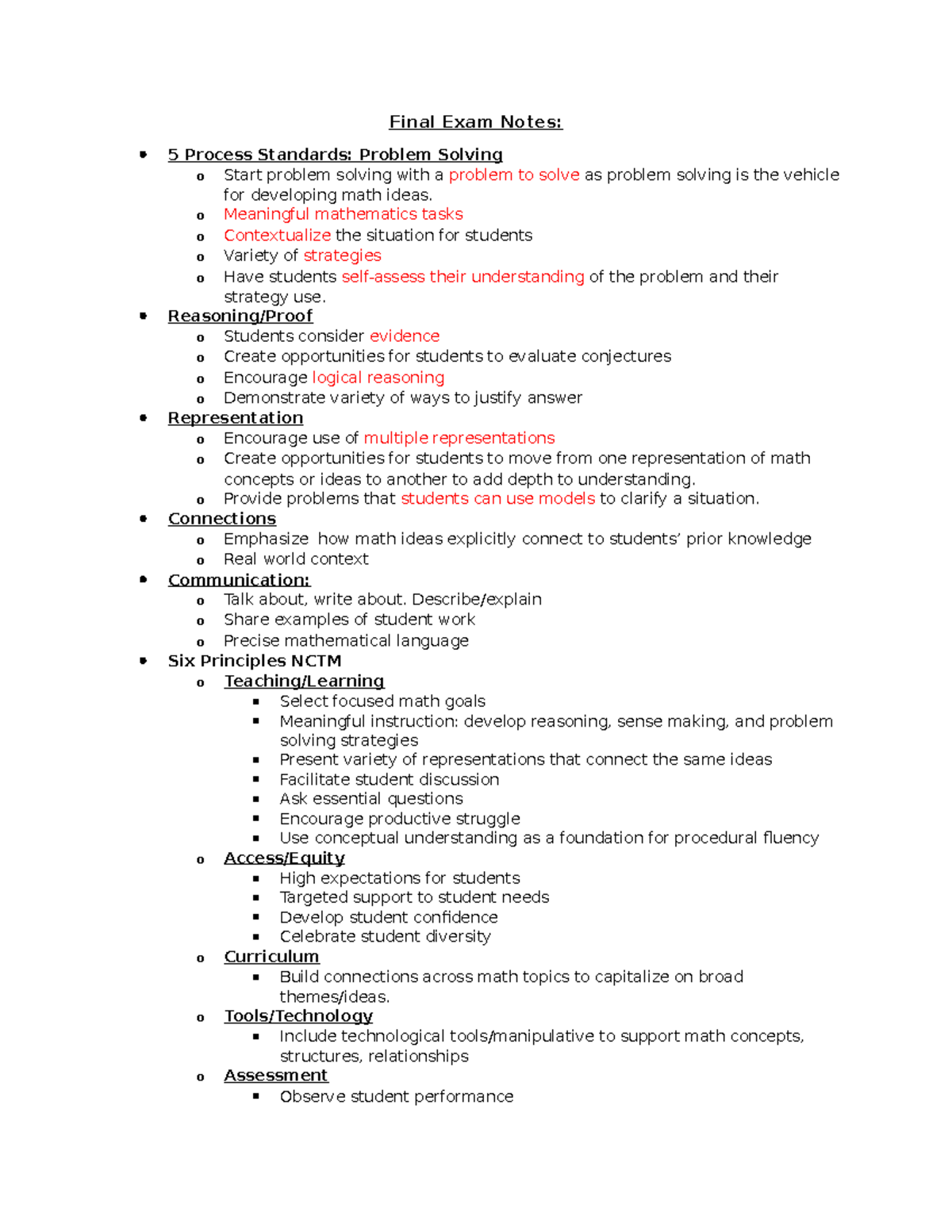 Final Exam Notes - Final Exam Notes: 5 Process Standards: Problem ...