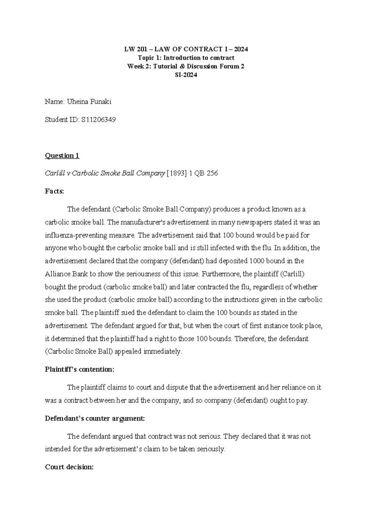 LW 201 Tutorial 2 - Weekly exercise - LW 201 – LAW OF CONTRACT I – 2024 ...