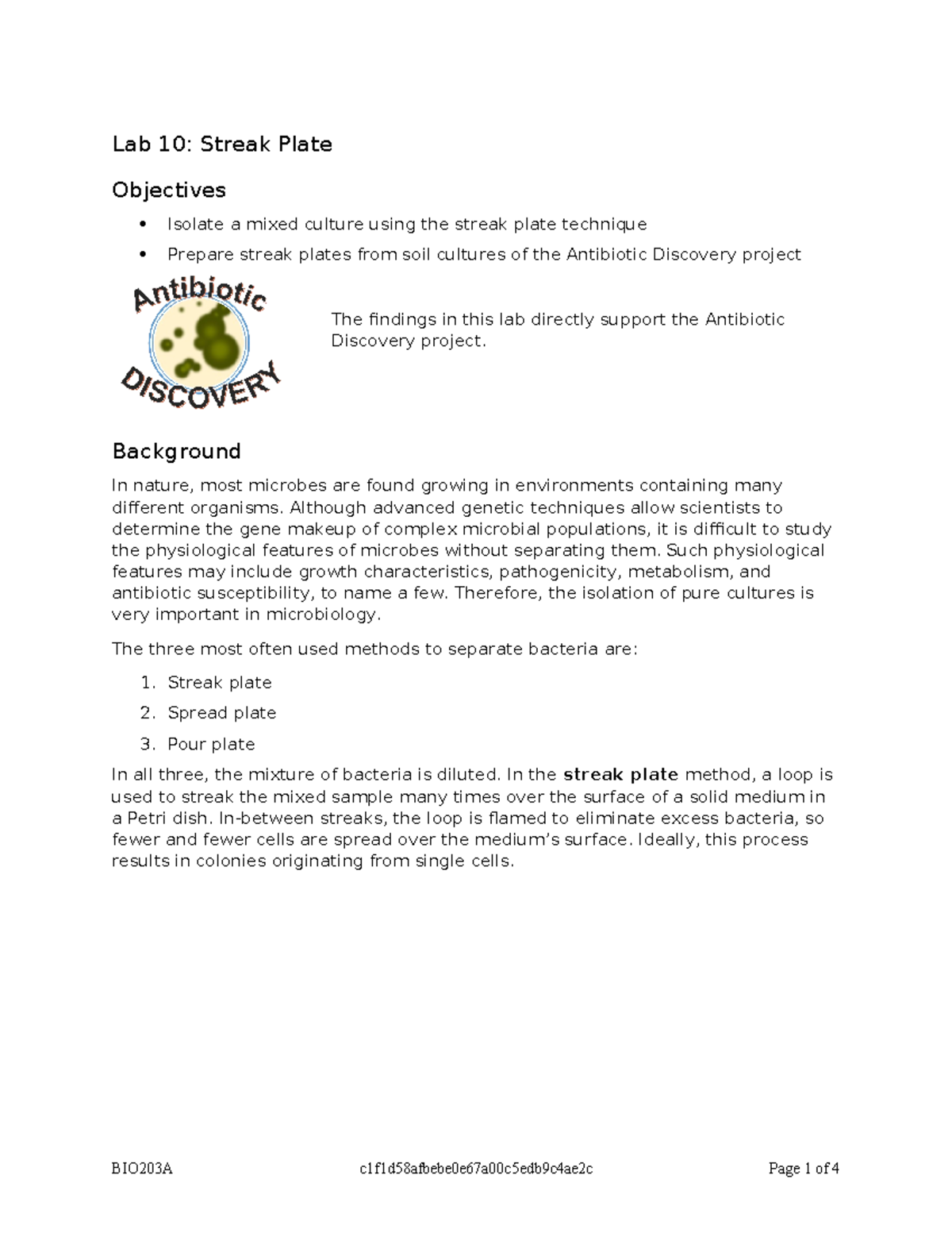 BIO203A M4 L10 Streak Plate - Lab 10: Streak Plate Objectives Isolate a ...