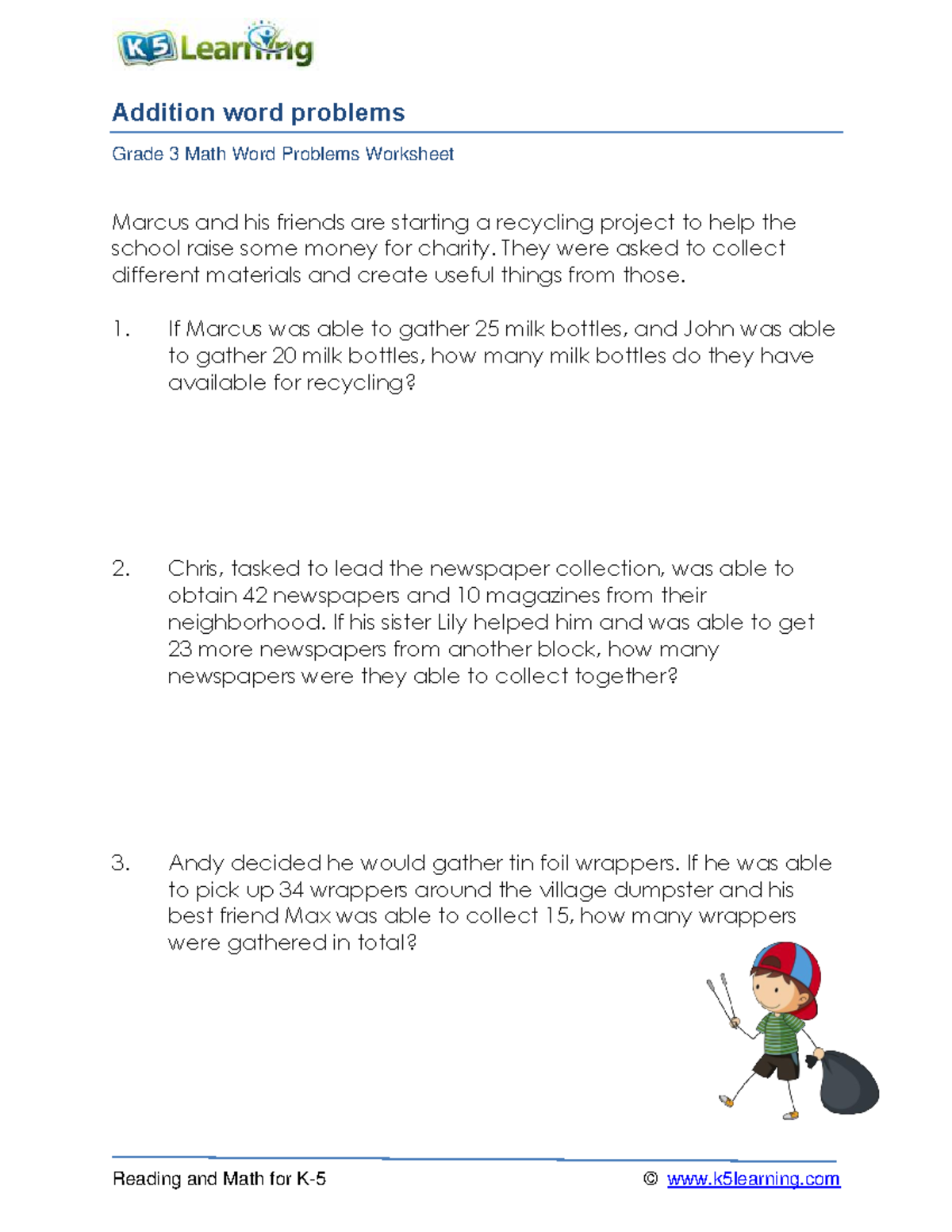 Grade 3 addition word problems a6 - Reading and Math for K-5 ...
