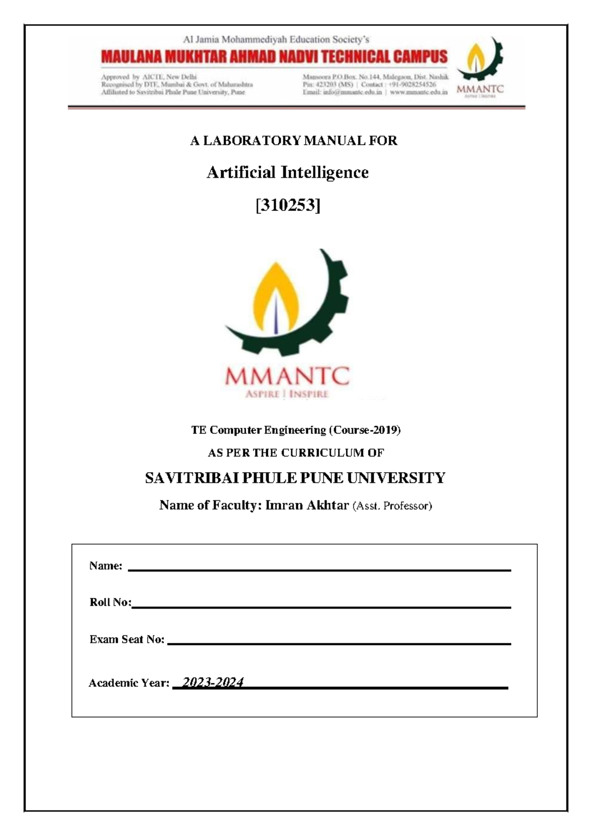 AI Lab Manual TE Computer SPPU - Name: _ Roll No: Exam Seat No ...