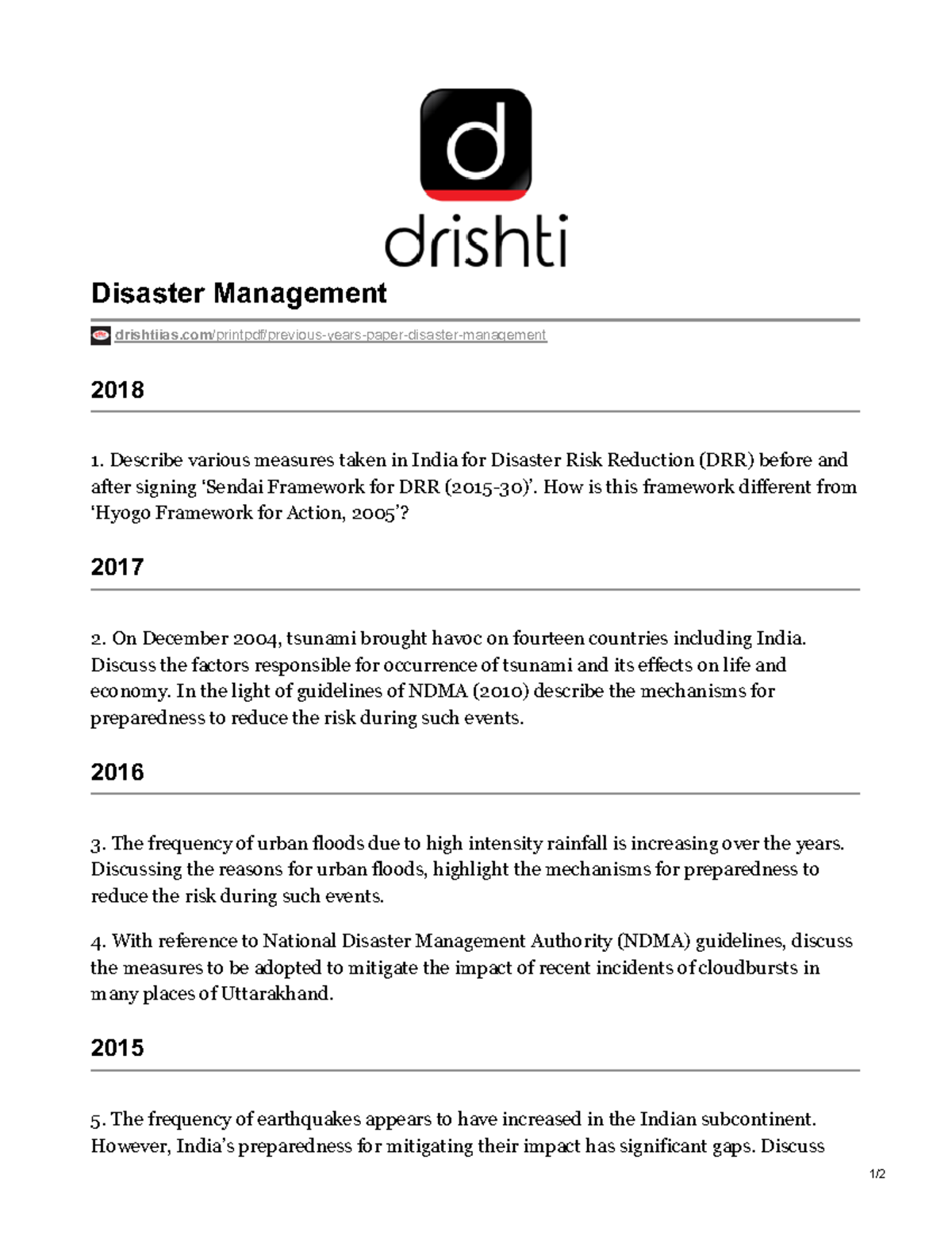 15992009 11 previous years paper disaster management - Disaster ...