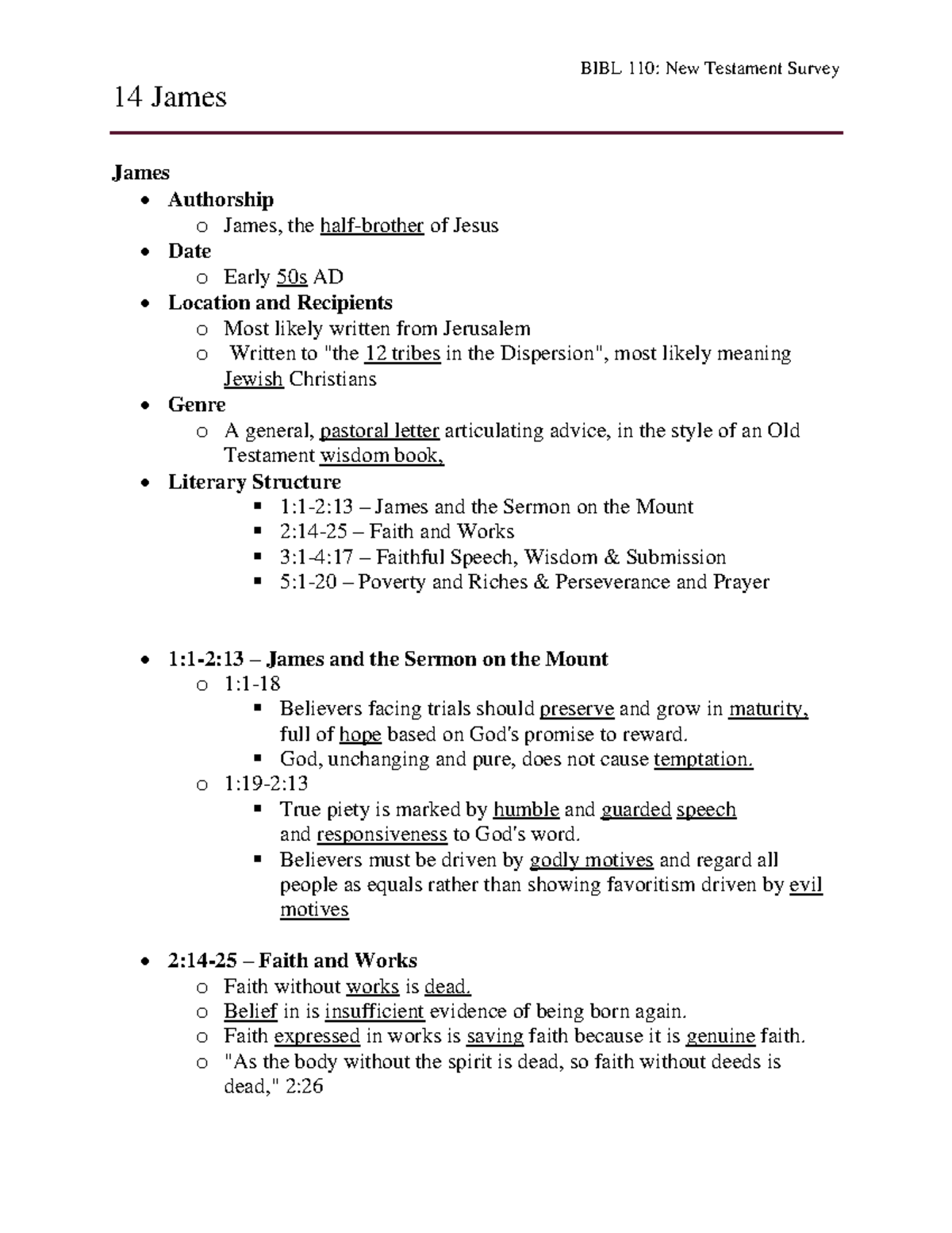 James Class Lecture - BIBL 110: New Testament Survey 14 James James ...