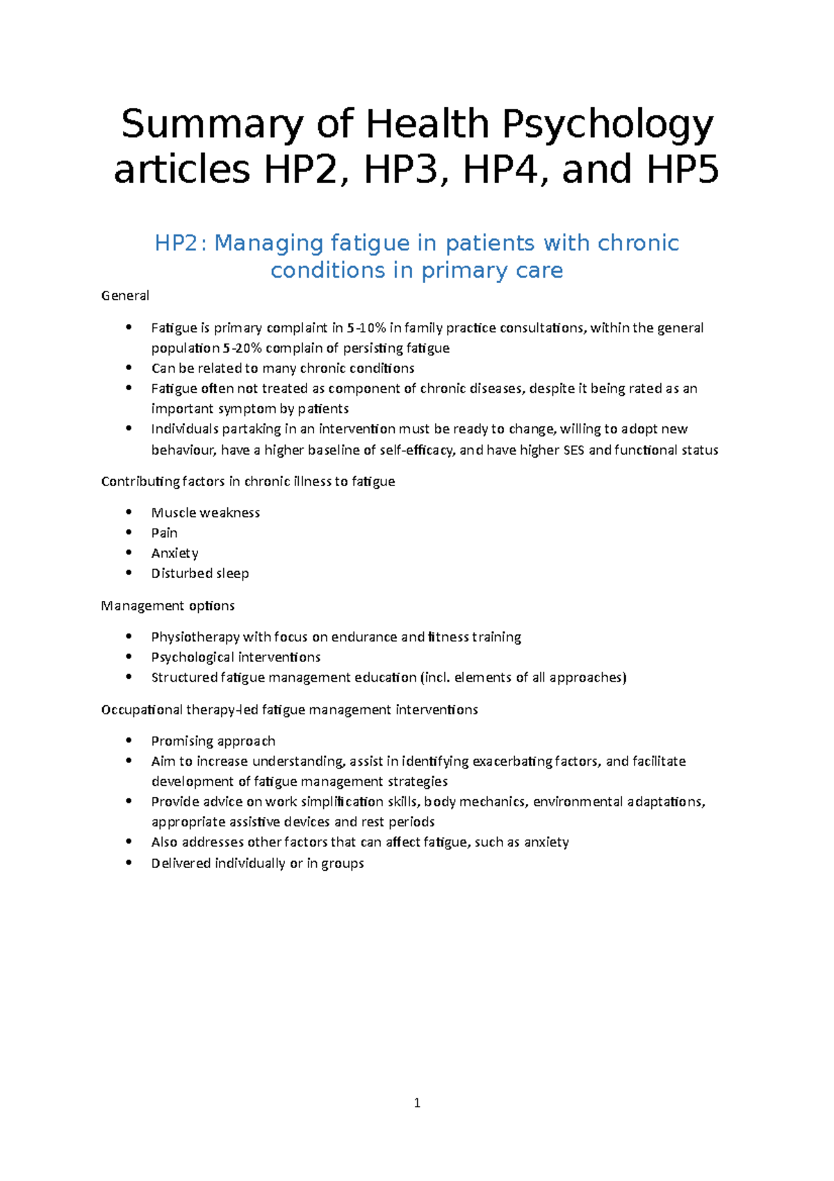 Summarised articles HP2^J HP3^J HP4^J HP5 - Summary of Health Psychology articles HP2, HP3, HP4 ...