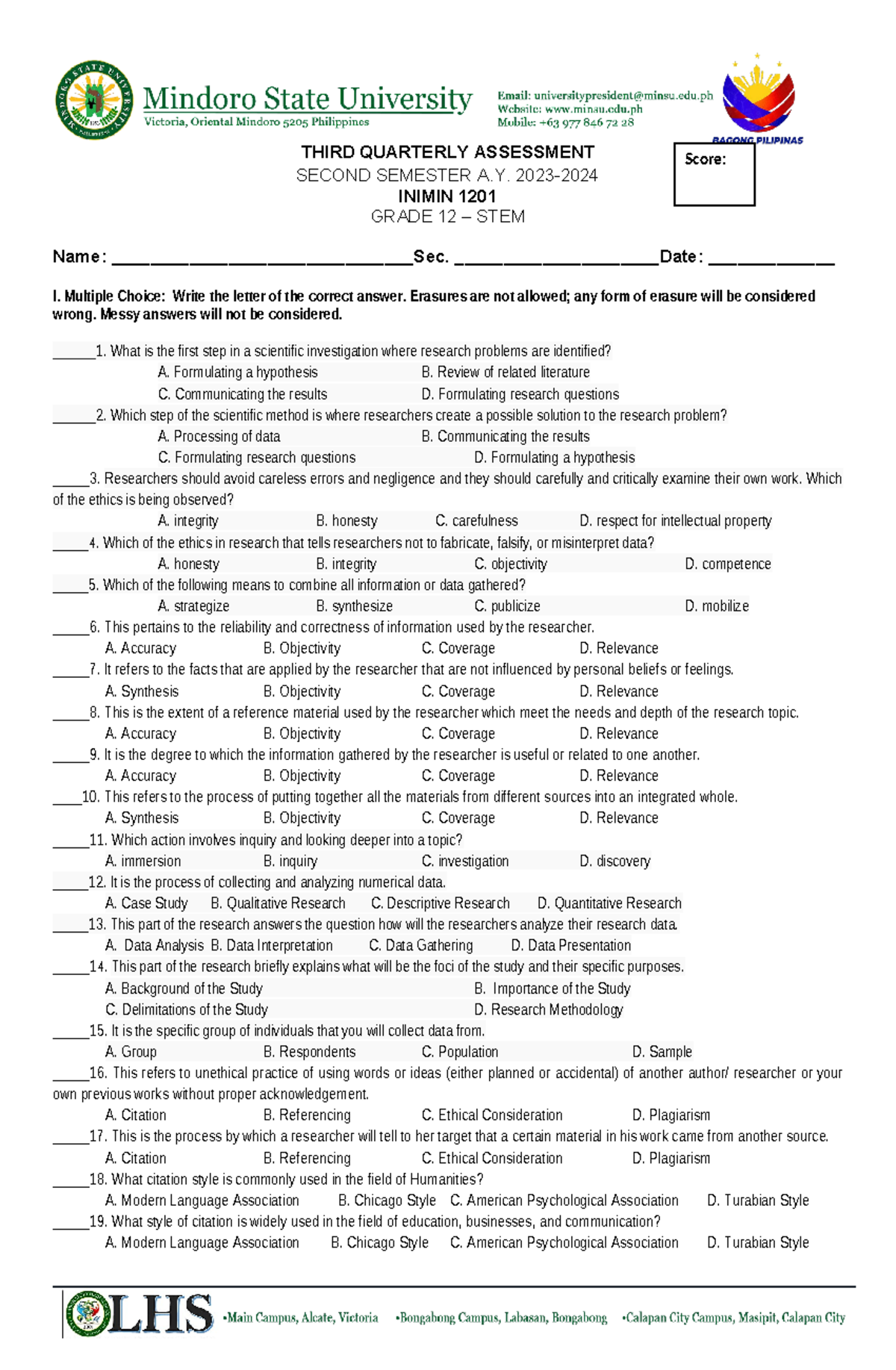 Third QA Inimin 1201 - Exam - THIRD QUARTERLY ASSESSMENT SECOND ...