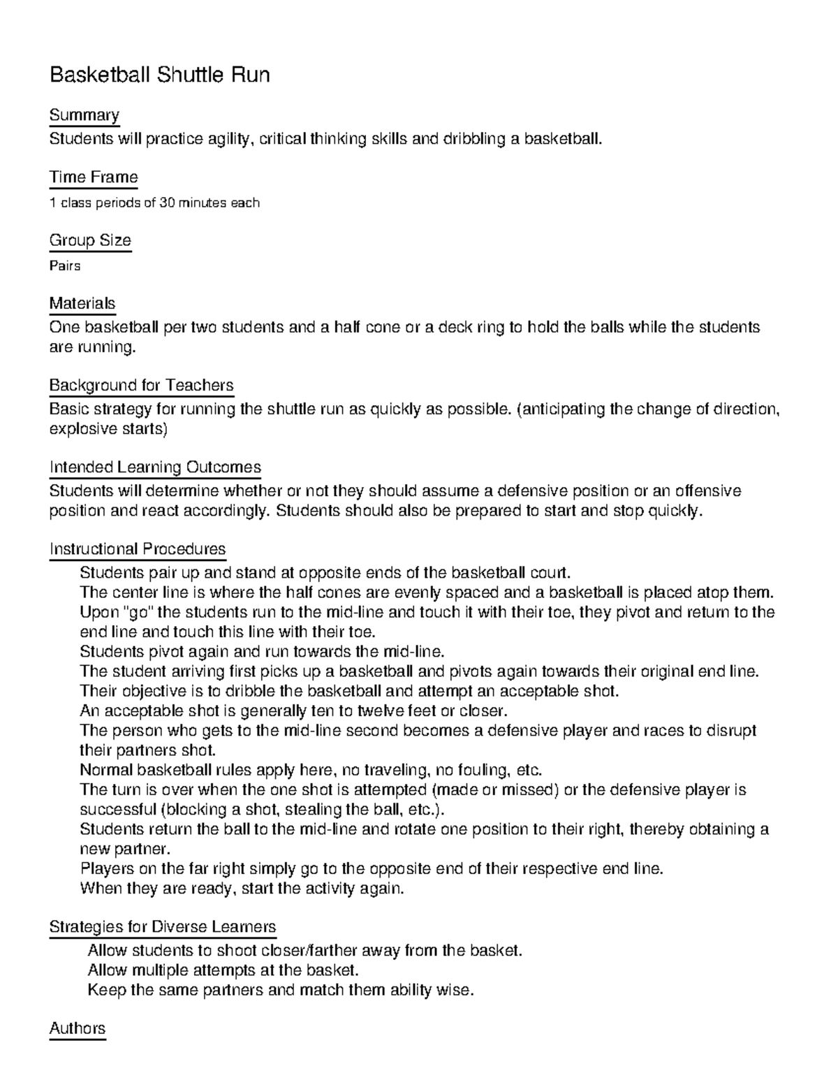 18668 - Study Guide - Basketball Shuttle Run Summary Students will ...