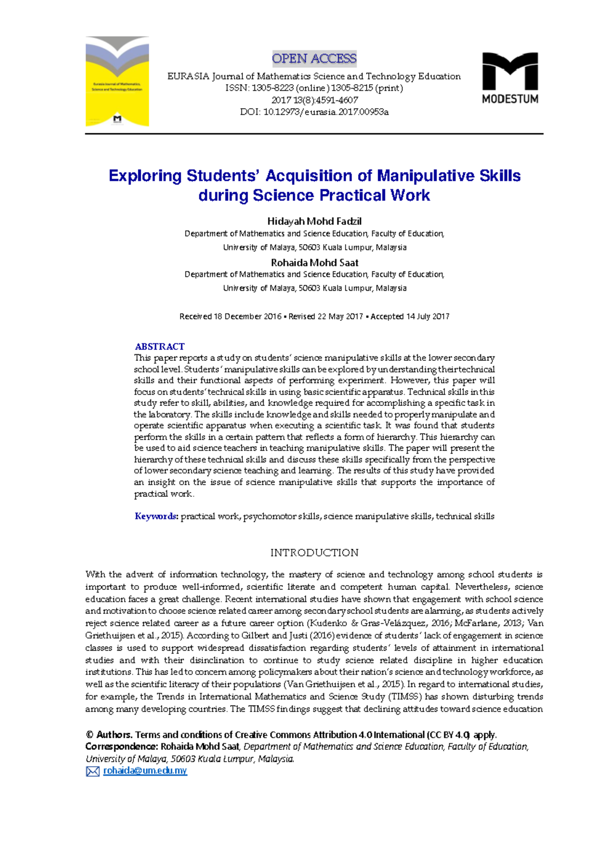 Exploring students acquisition of manipulative skills during science ...