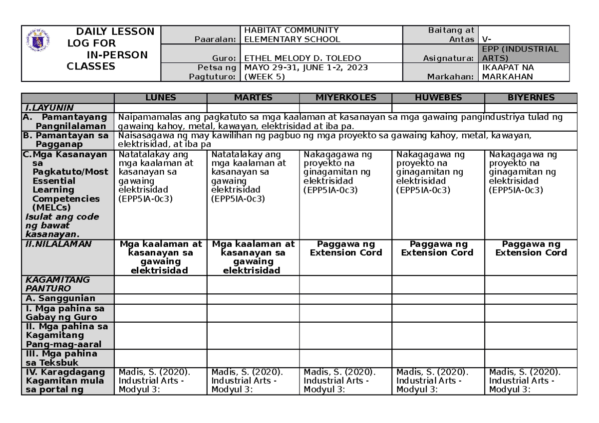 EPP 5 IA DLL WEEK 5 Final - DLL - DAILY LESSON LOG FOR IN-PERSON ...