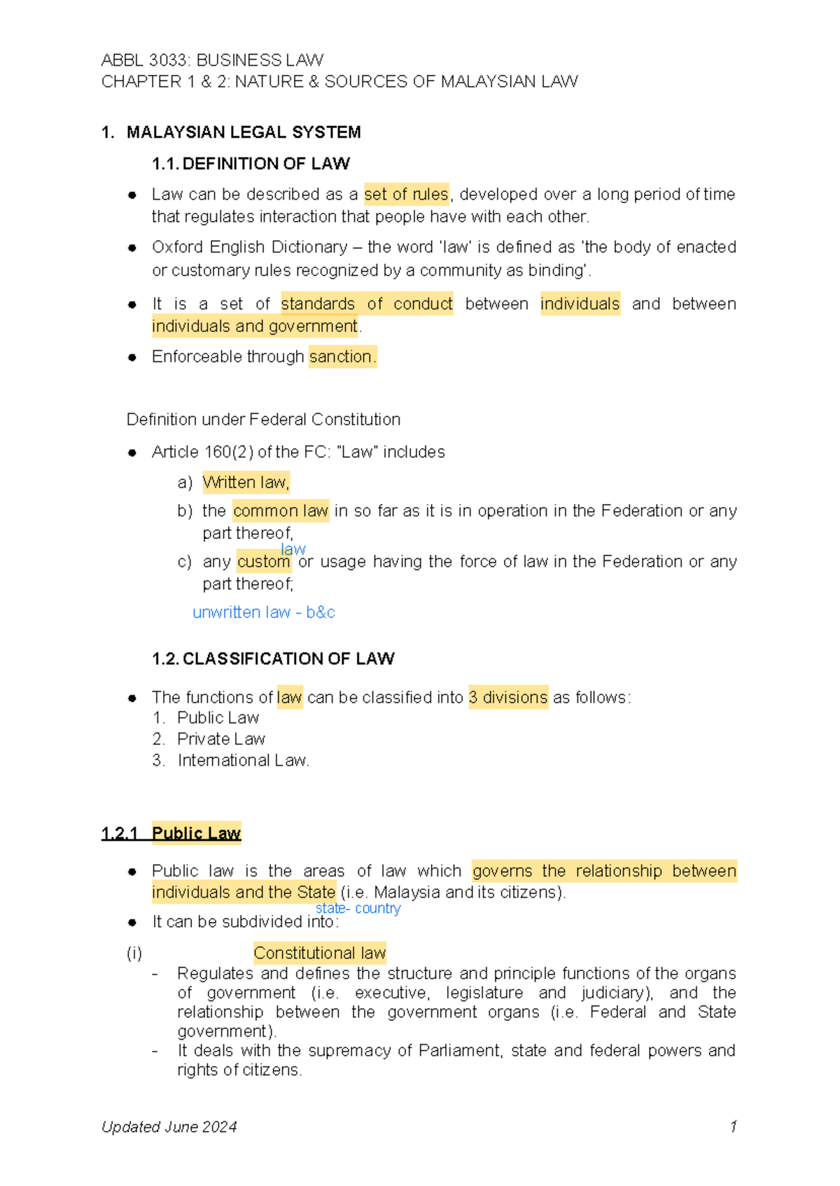 Business LAW L1 - CHAPTER 1 & 2: NATURE & SOURCES OF MALAYSIAN LAW 1 ...