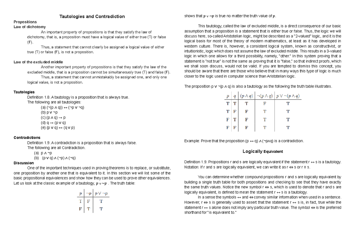 Tautologies and Contradictions and laws de morgan - Tautologies and ...