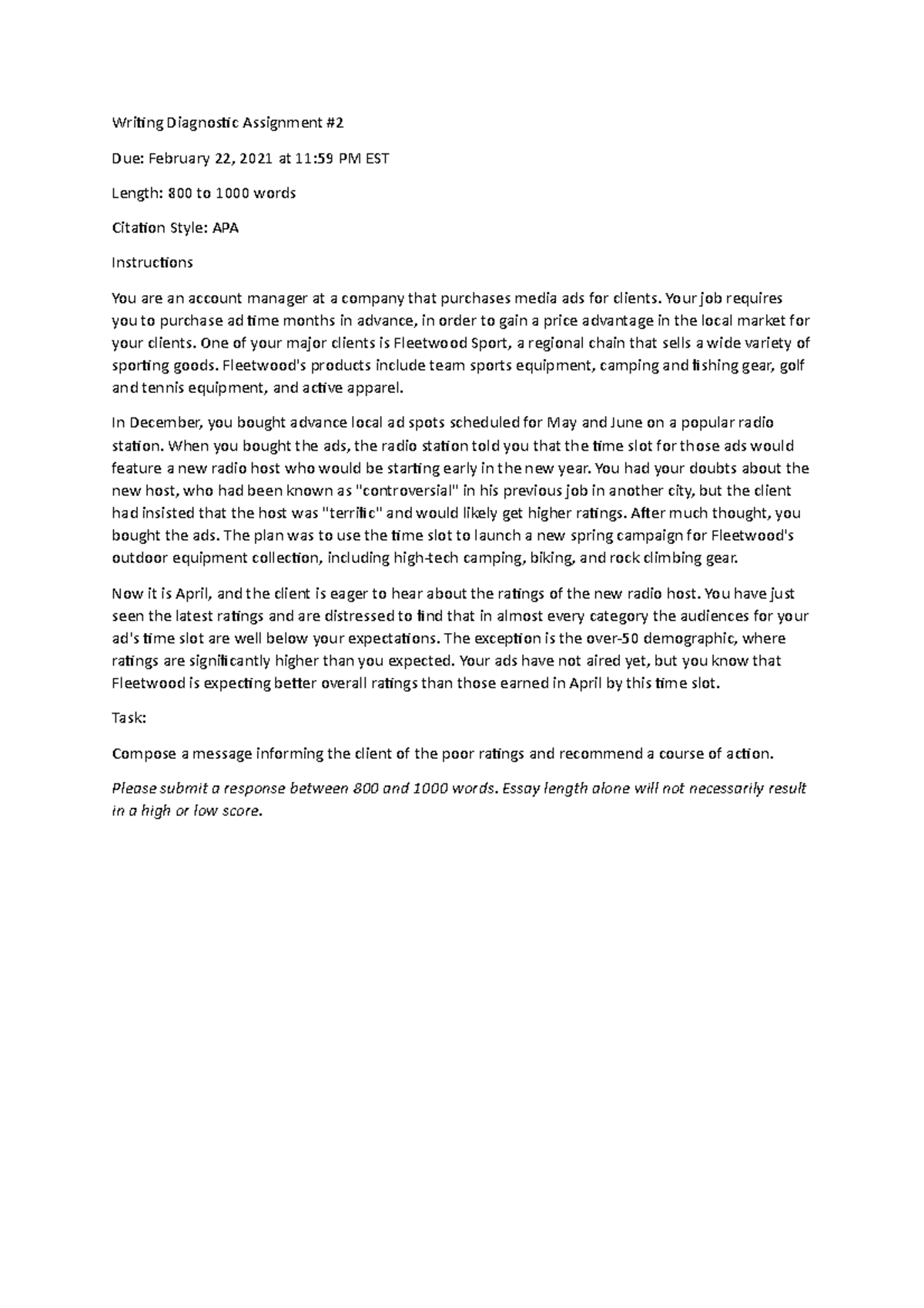 Writing diagnostic 2 - Grade: B+ - Writing Diagnostic Assignment # Due ...