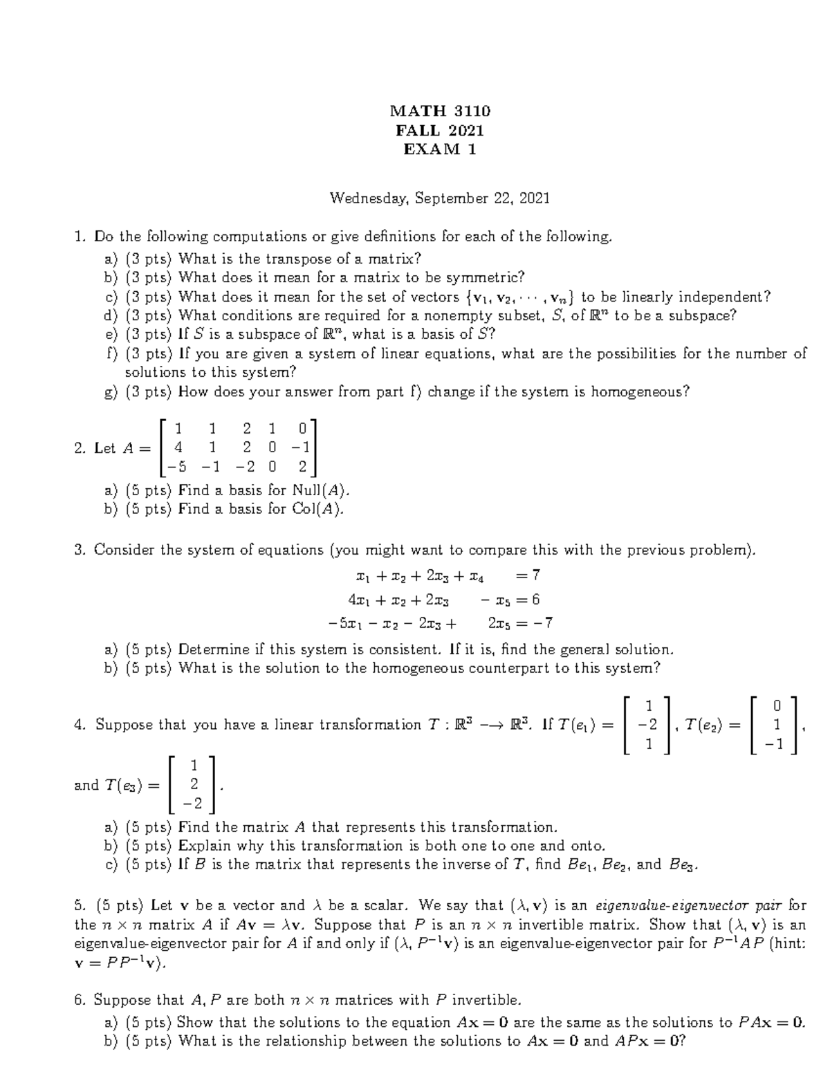 M3110 - test #1 - MATH 3110 FALL 2021 EXAM 1 Wednesday, September 22 ...