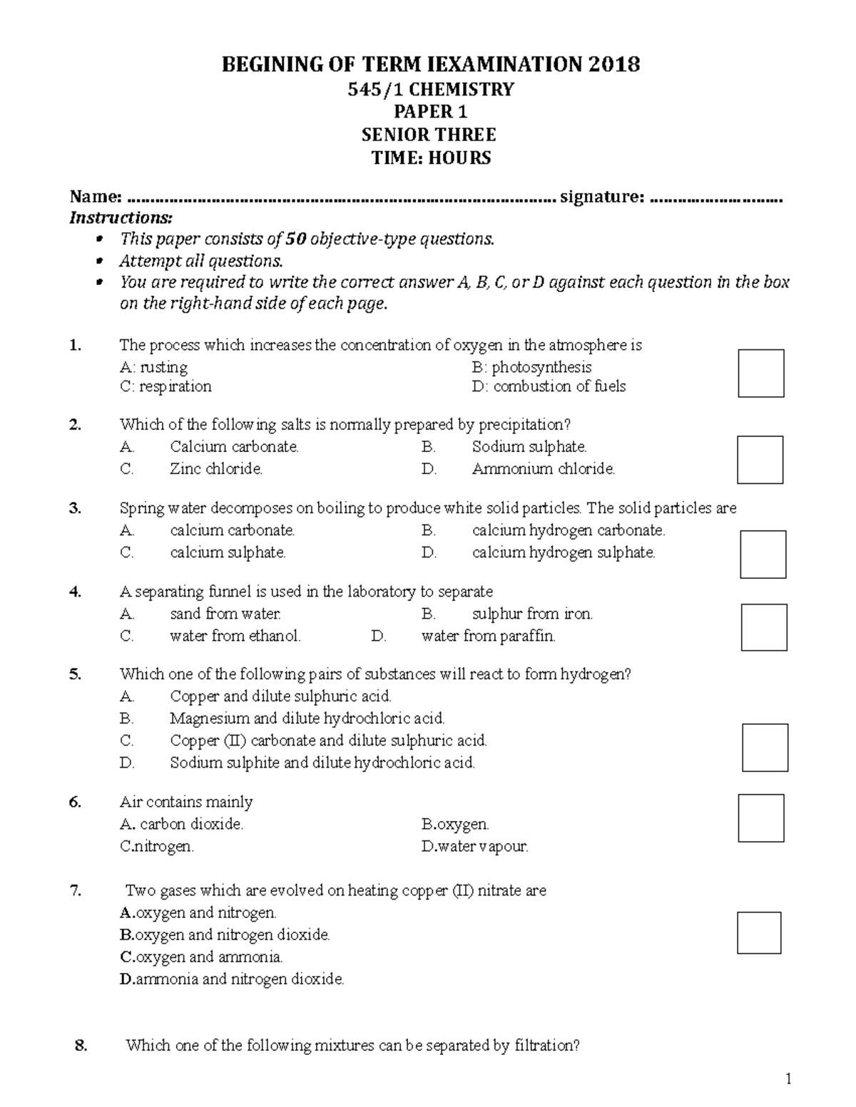 Chem 1 - Kemi övningsfrågor - BEGINING OF TERM IEXAMINATION 2018 545/1 ...