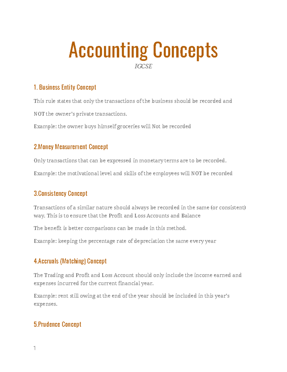 Accounting Concepts - Accounting Concepts IGCSE 1. Business Entity ...