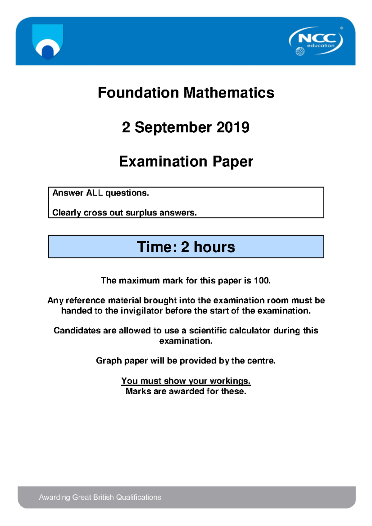 8.Autumn 2019 - pass papers - Foundation Mathematics 2 September 2019 ...