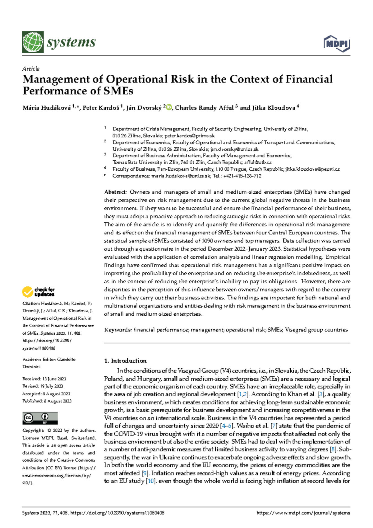 Article risk management - Citation: Hudáková, M.; Kardoš, P.; Dvorský ...