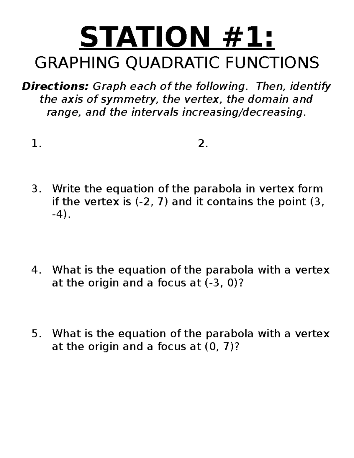Review stations (24) - GRAPHING QUADRATIC FUNCTIONS Directions: Graph ...