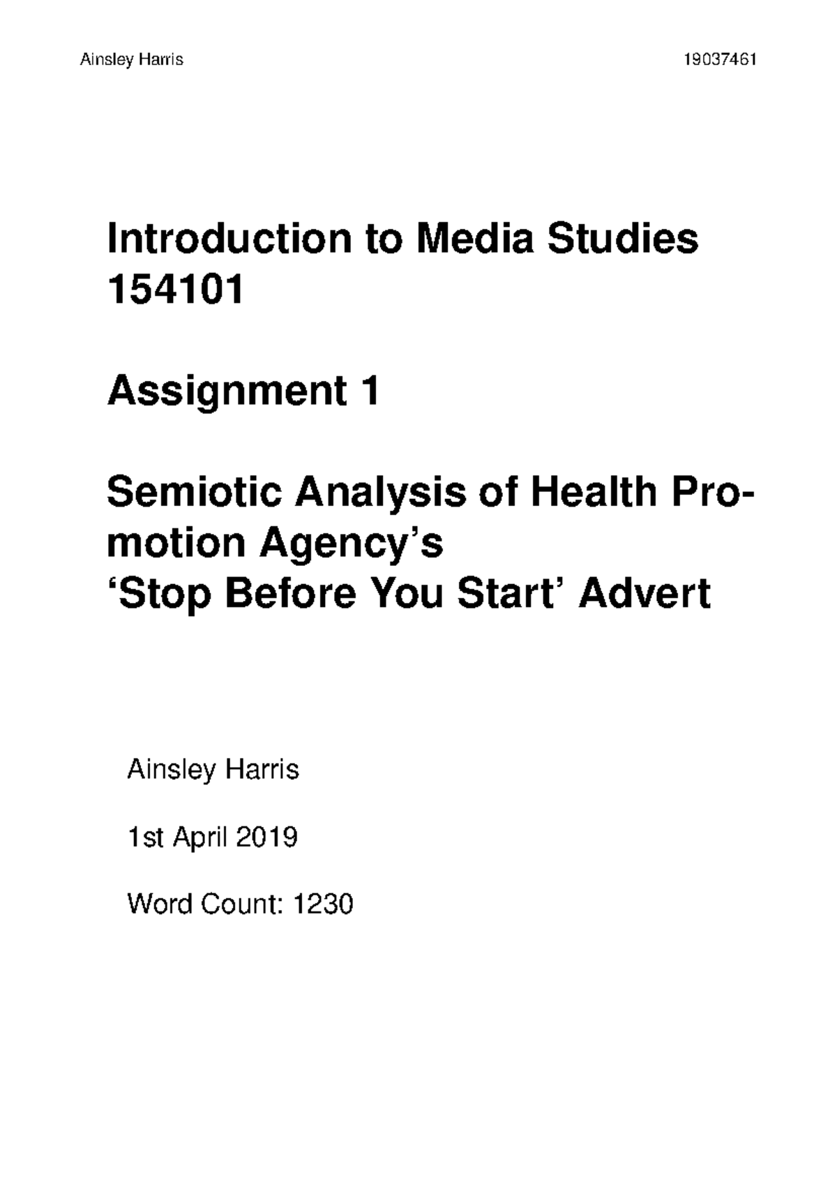 Media Studies A 1 - Introduction to Media Studies 154101 Assignment 1 ...