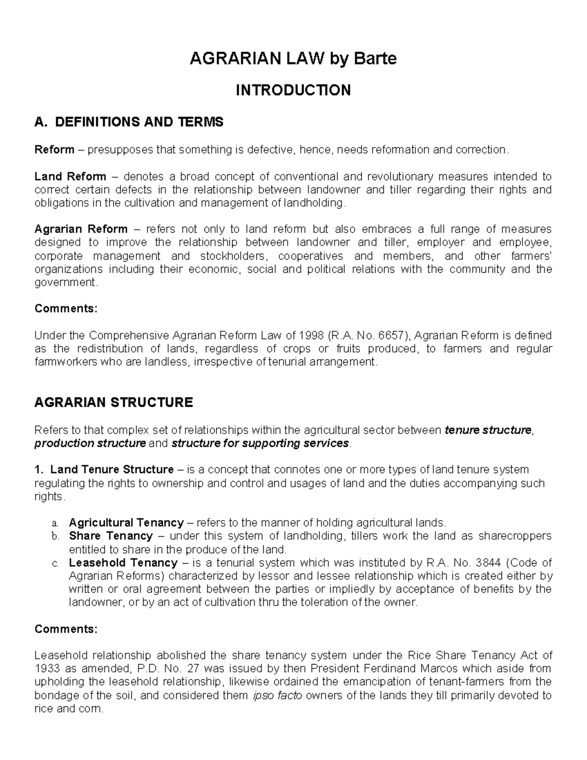 Agrarian-Barte-Notes - AGRARIAN LAW by Barte INTRODUCTION A ...