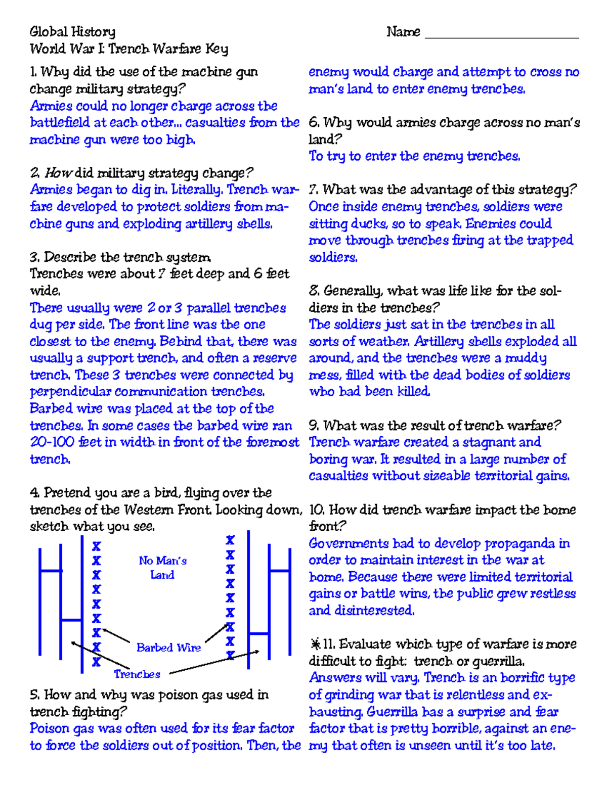 Trench Warfare Answer Sheet - 1. Why did the use of the machine gun ...
