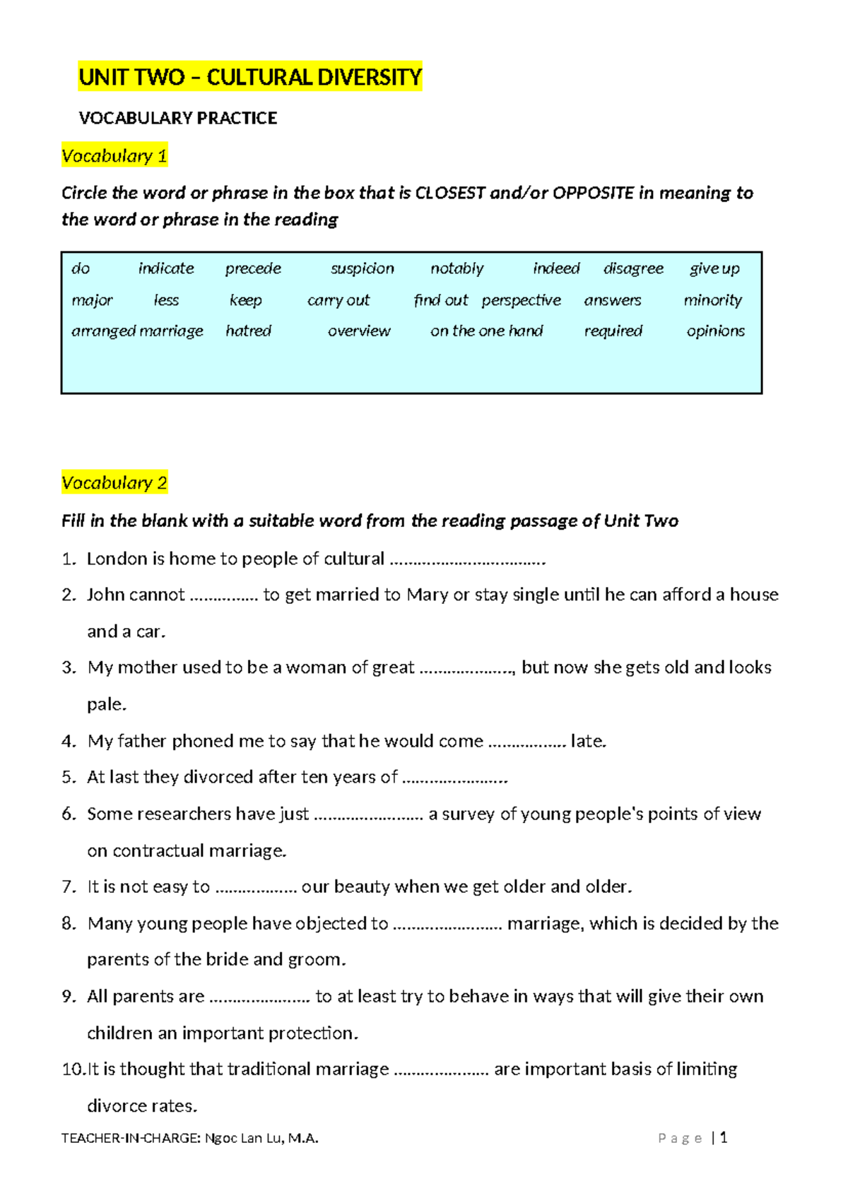 Grade 12 - UNIT TWO - UNIT TWO – CULTURAL DIVERSITY VOCABULARY PRACTICE ...