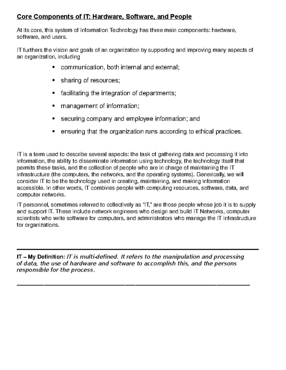 Intro to IT notes - Chapters 1 - 4 - Core Components of IT: Hardware ...
