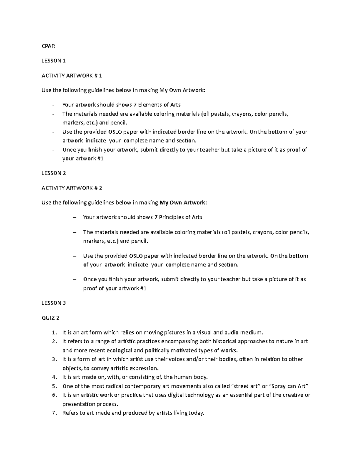 CPAR - dfgfdg - CPAR LESSON 1 ACTIVITY ARTWORK # 1 Use the following ...
