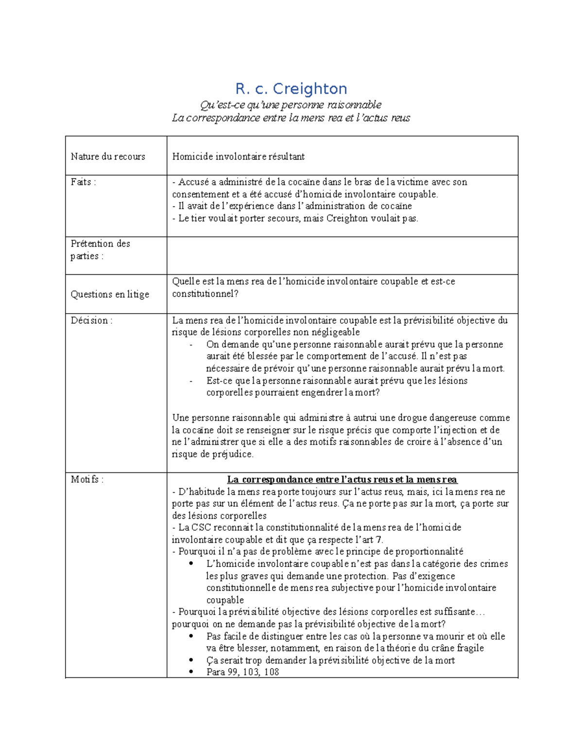 R. c. Creighton - Résumé Droit pénal I - Droit pénal général - R. c ...