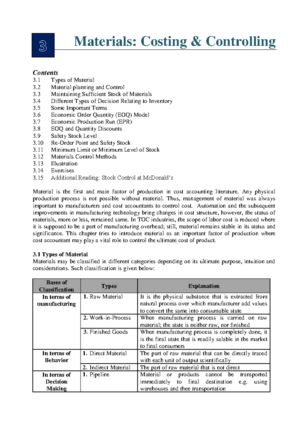 Material Costing & Controlling - Contents 3 Types of Material 3 ...