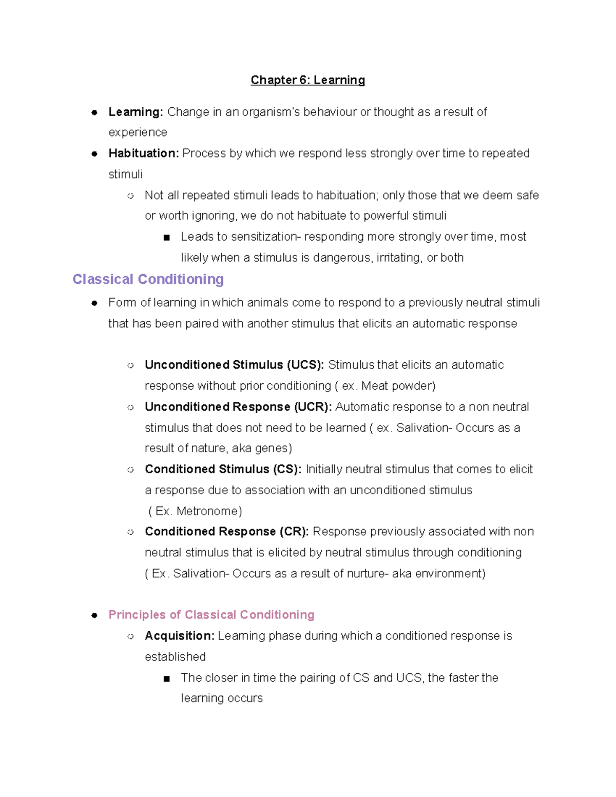 PSYC 104- Chapter 6 Summary - Chapter 6: Learning Learning: Change in ...