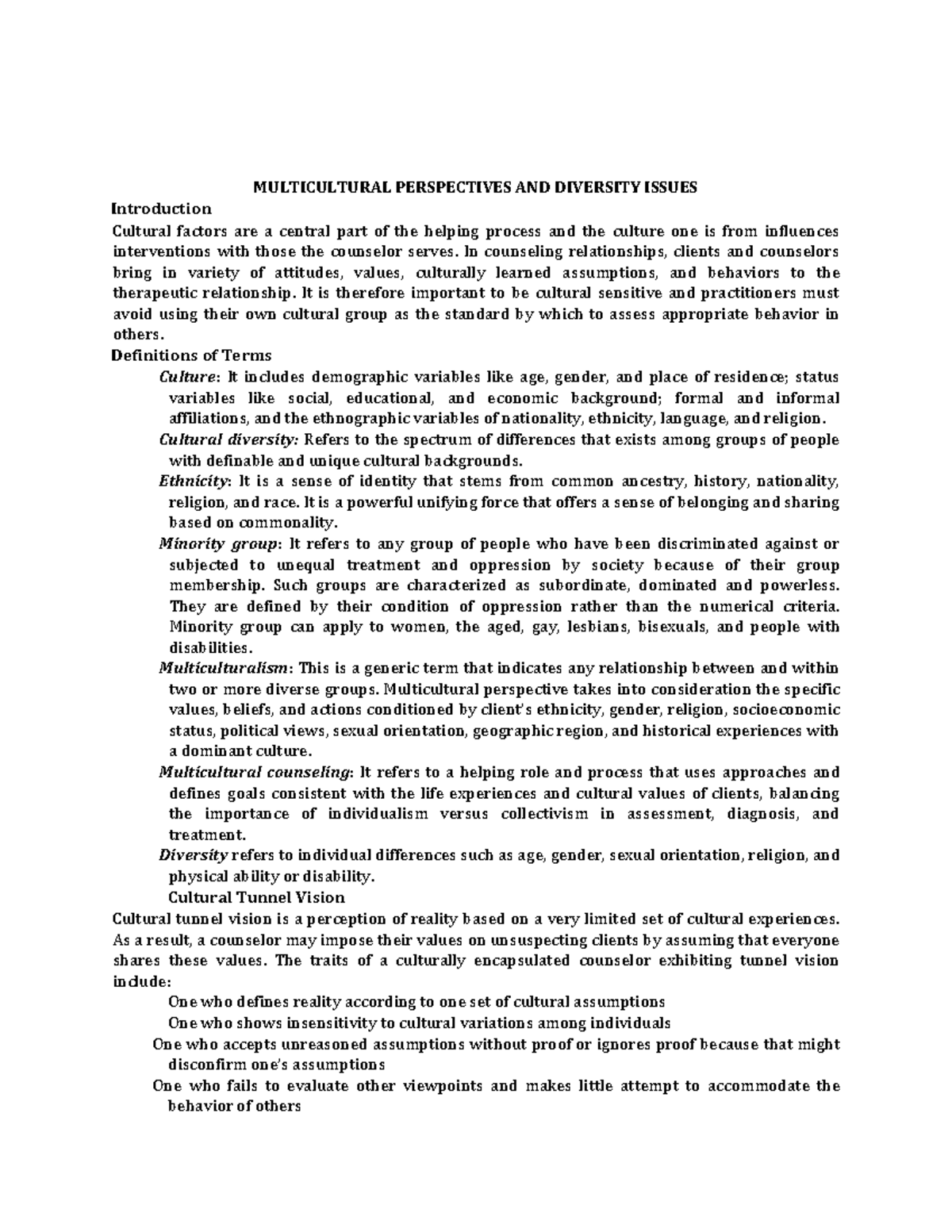 Topic 2 - Multicultural Perspectives AND Diversity Issues; Malpractice - MULTICULTURAL ...