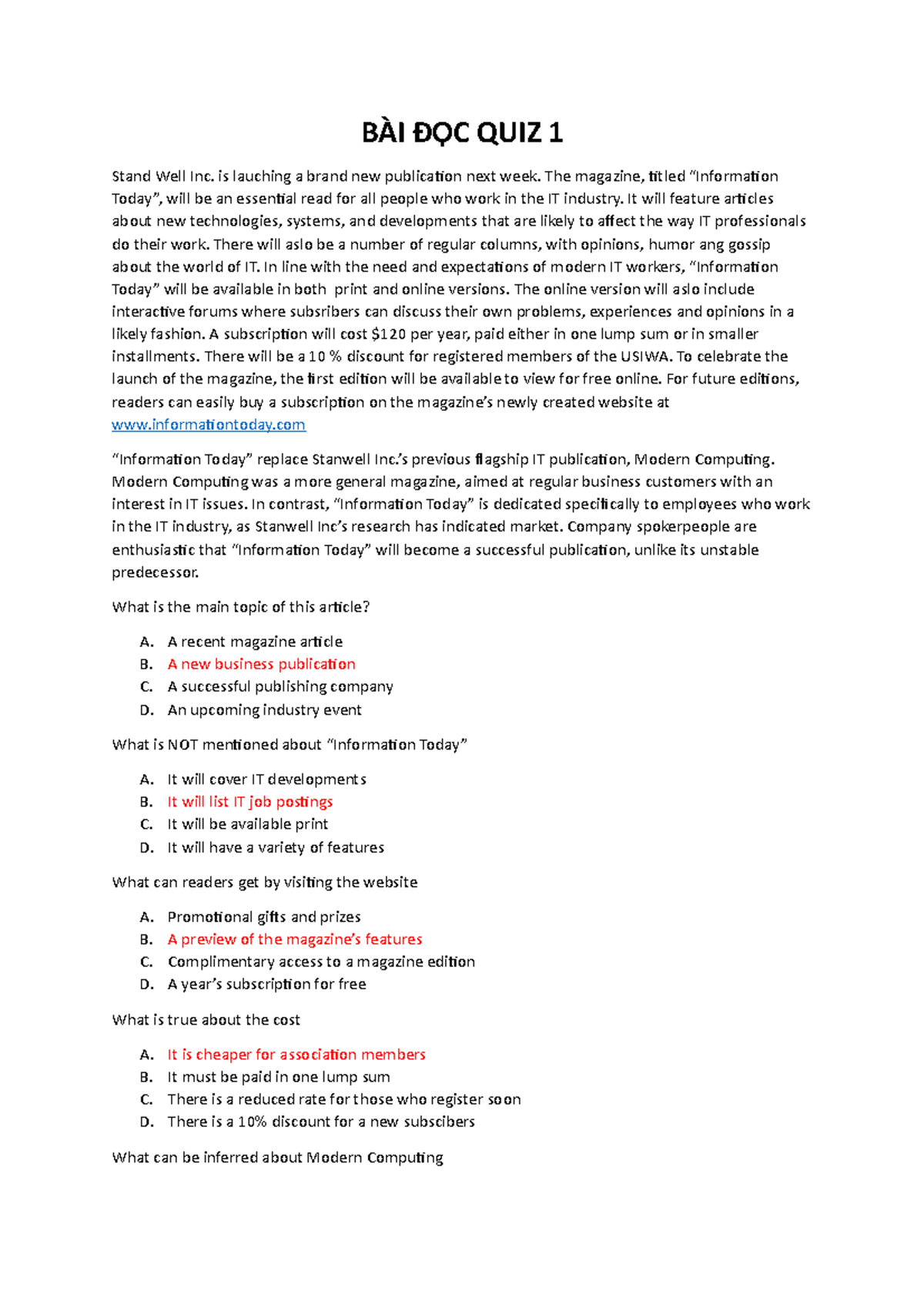 BÀI ĐỌC QUIZ 1 TIENG ANH HP2 - BÀI Đ ỌC QUIZ 1 Stand Well Inc. is lauching a brand new ...