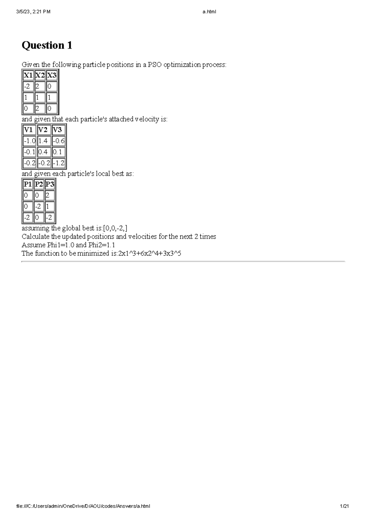 W7 PSO sheet 6 - Particle Swarm Optimization (PSO) - Question 1 Given the following particle ...