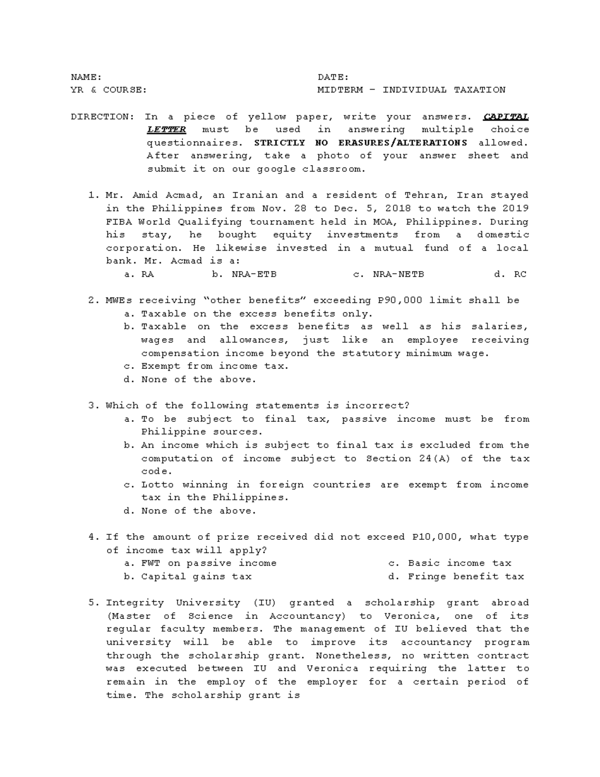 Midterm-EXAM-BSA - vbvvv - NAME: DATE: YR & COURSE: MIDTERM ...