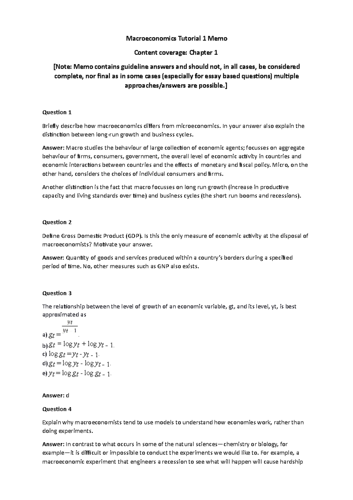 Macroeconomics Tutorial 1 Memo For First Part Of Year Macroeconomics Tutorial 1 Memo Content