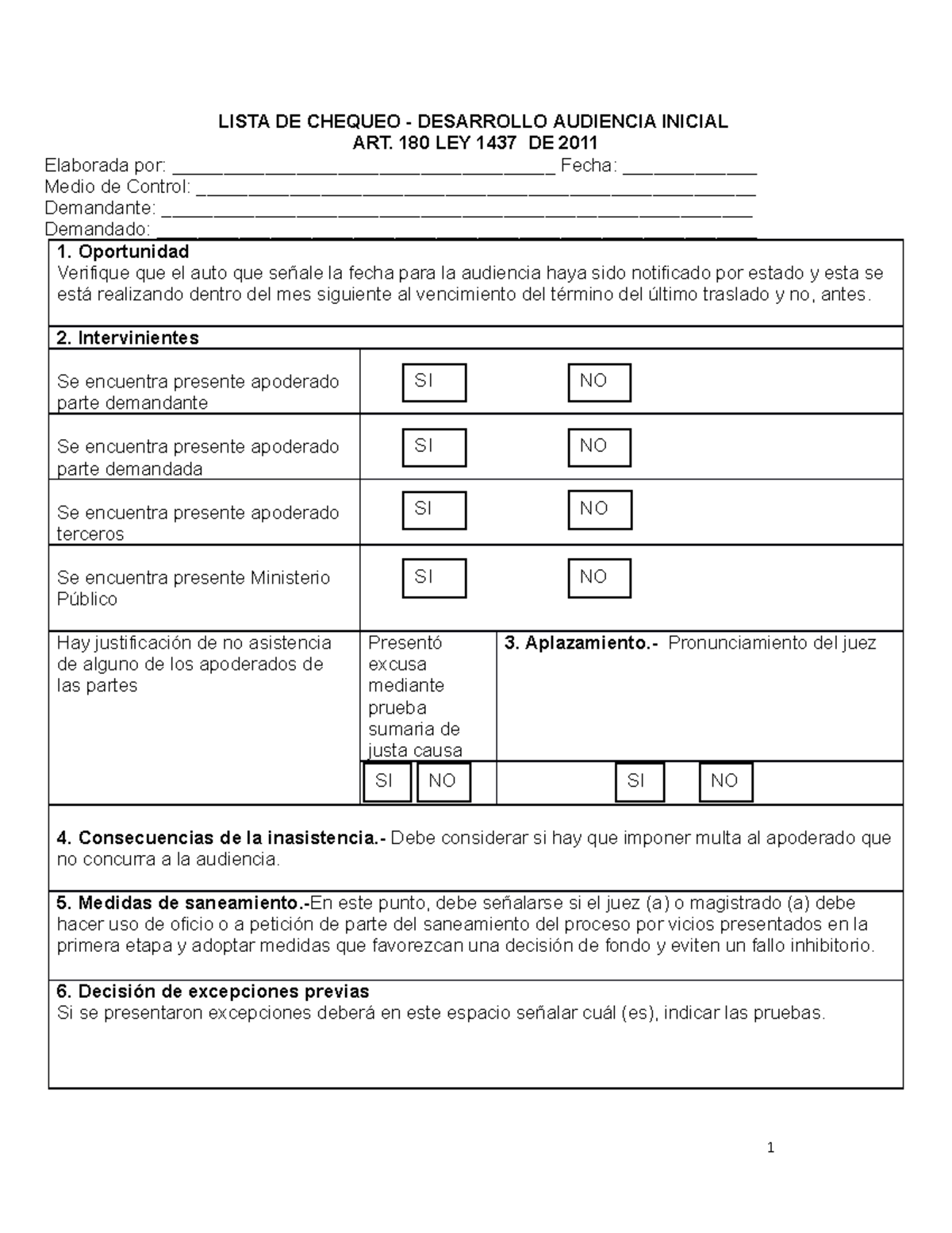 Lista DE Chequeo Audiencia Inicial - LISTA DE CHEQUEO - DESARROLLO ...