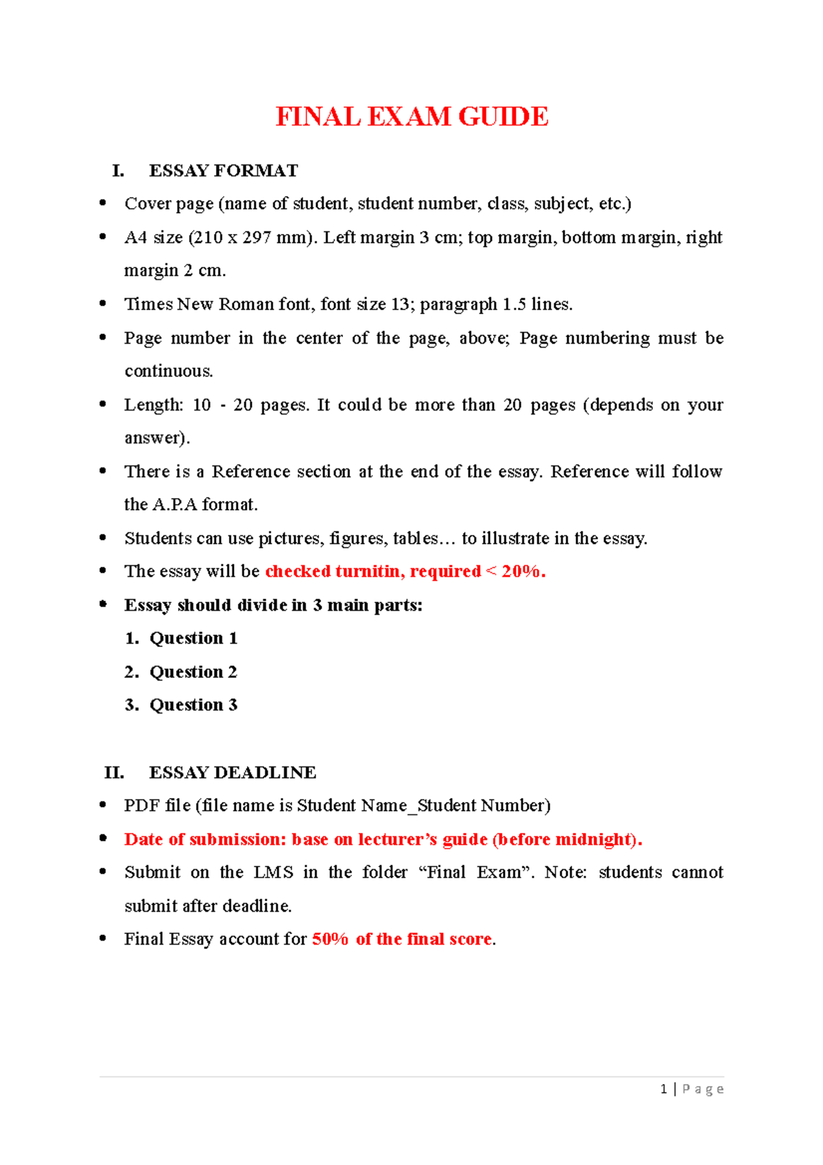 EN - Final EXAM Guide - GSM - FINAL EXAM GUIDE I. ESSAY FORMAT Cover ...