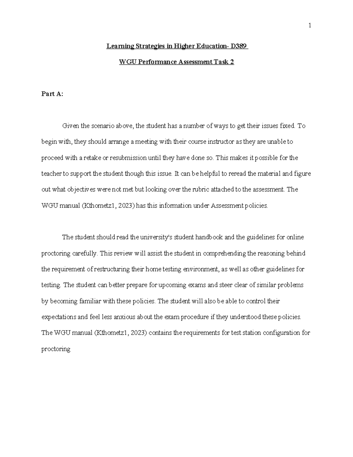 D389 - Task 2 - passed first time. - 1 Learning Strategies in Higher ...