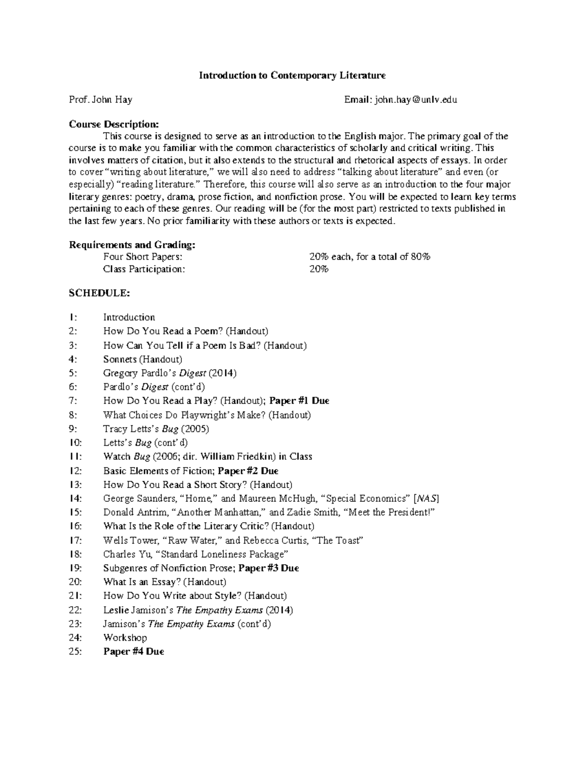 Introduction to Contemporary Literature - John Hay Email: john@unlv ...