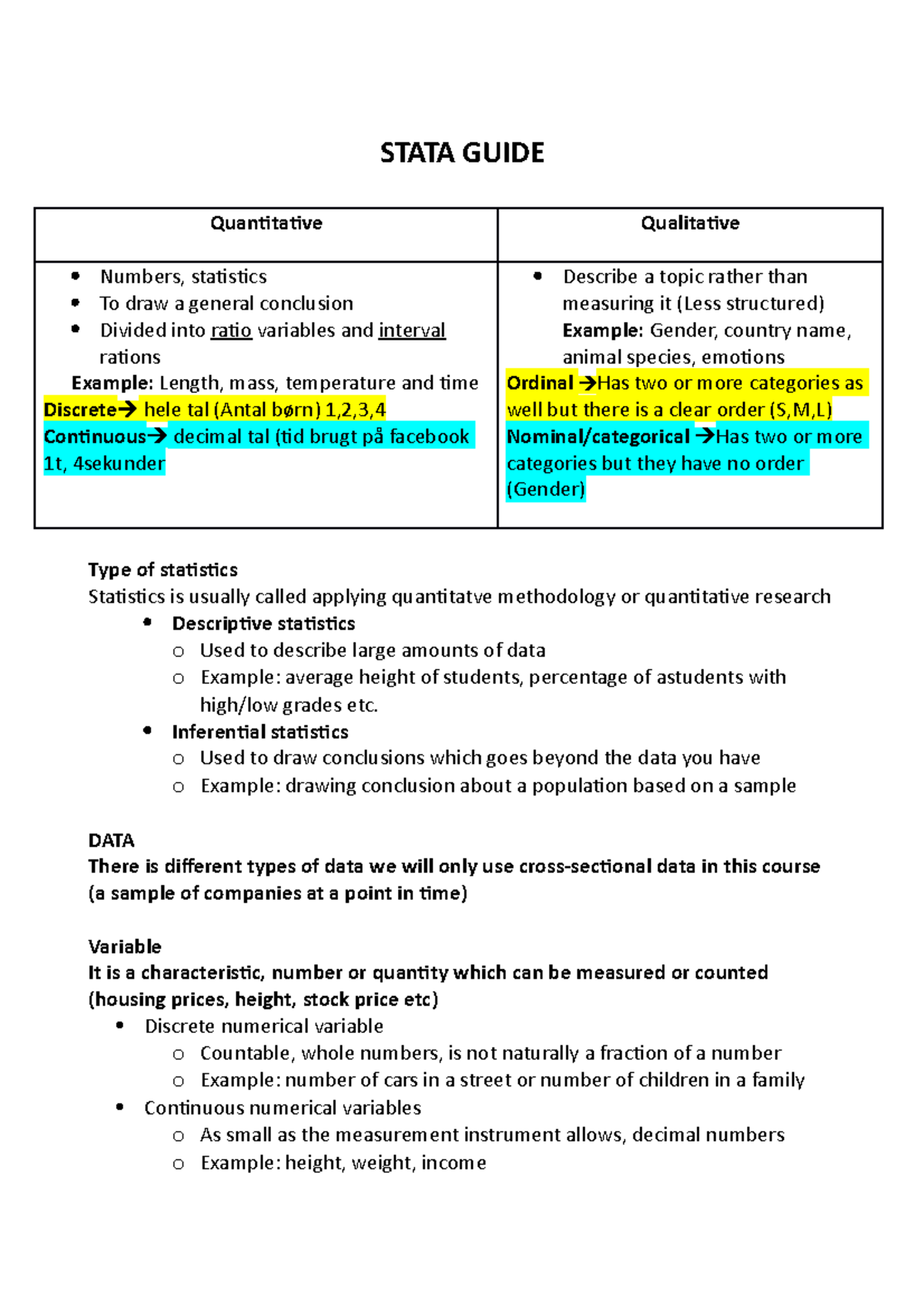 Stata Guide - STATA GUIDE Quantitative Qualitative Numbers, statistics To draw a general - Studocu