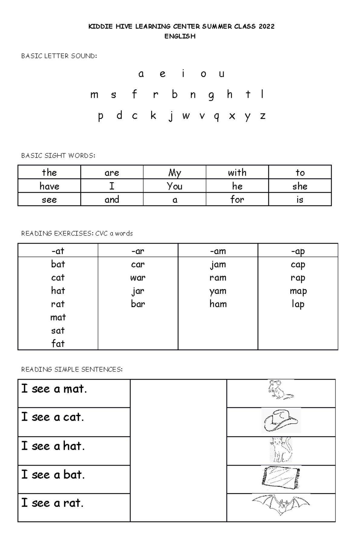 Worksheet 2nd 2022 KHLC - ENGLISH BASIC LETTER SOUND: a e i o u m s f r ...