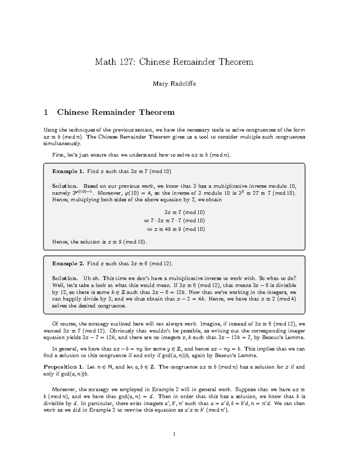 Chinese Remainder Theorem CMU - Math 127: Chinese Remainder Theorem ...
