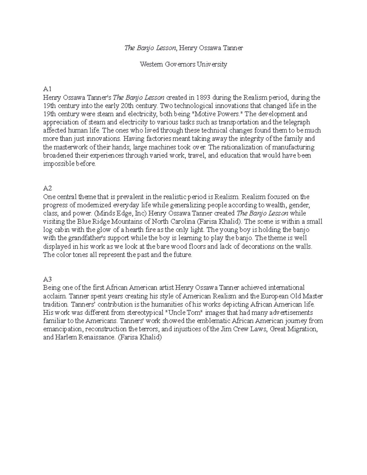 Introduction to Humanities, The banjo lesson - HUMN 1010 - WGU - Studocu